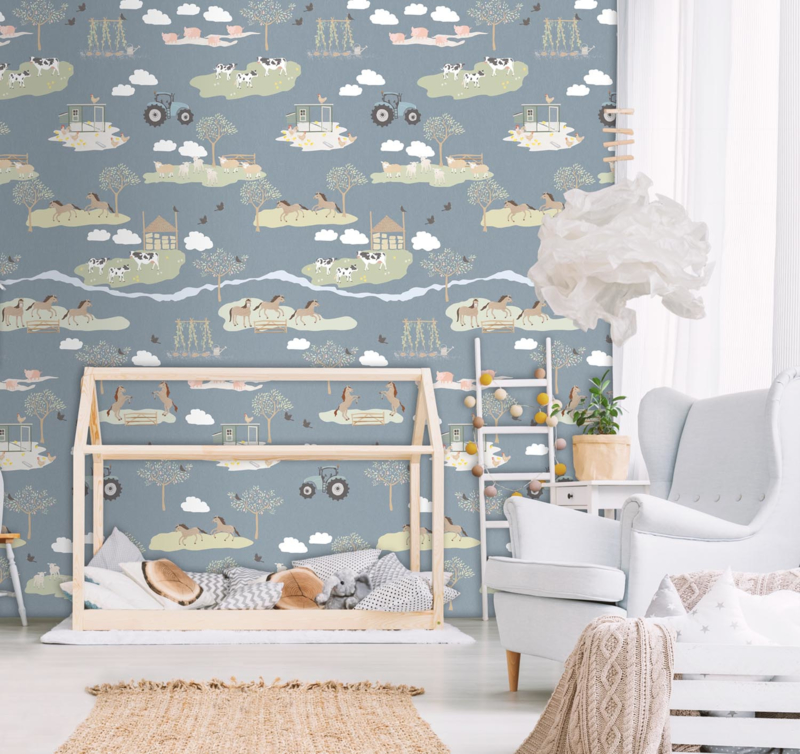 Fotobehang On the Farm Blue/Paarden/Koeien/Kinderkamer Behang - Behangstore